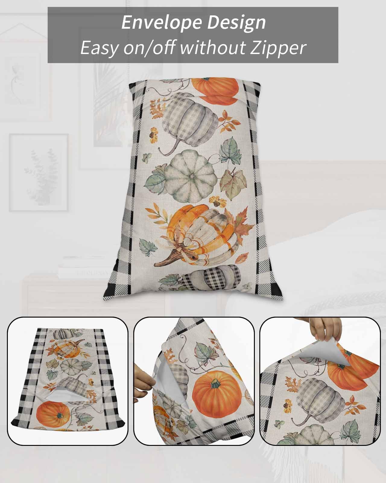Thanksgiving Pillow Covers Standard Size Set of 2 Bed Pillow, Black White Plaid Pumpkin Fallen Leaves Farmhouse Plush Soft Comfort for Hair/ Skin Cooling Pillowcases with Envelop Closure 20''x26''