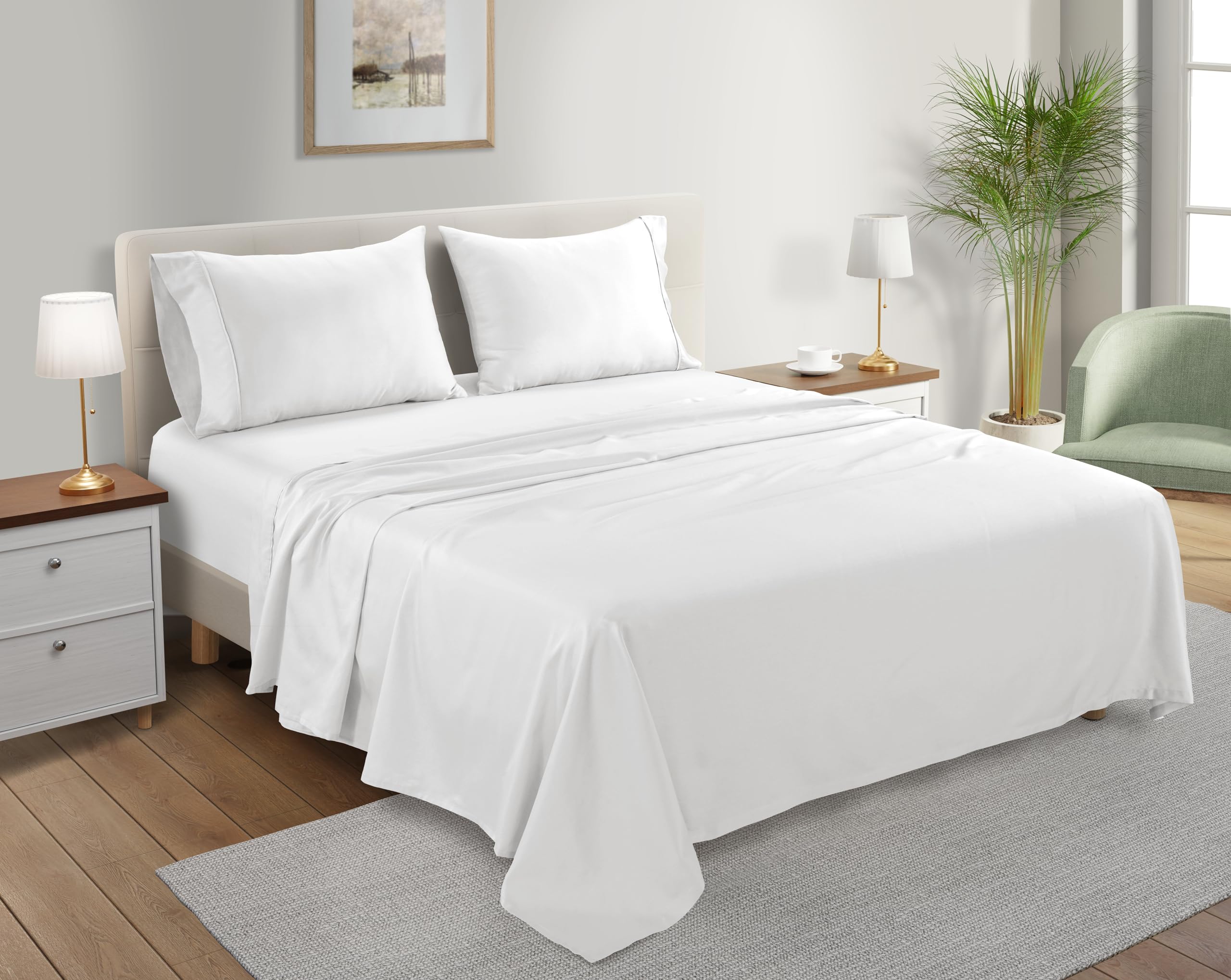 100% Organic Cotton Twin Sheet Set & Standard Pillowcases Set of 2 Combo- 300 Thread Count Long Staple Cotton Sheets,3 Pc Twin Size Sheets & Standard Pillowcases, Sateen Sheets, Breathable - White