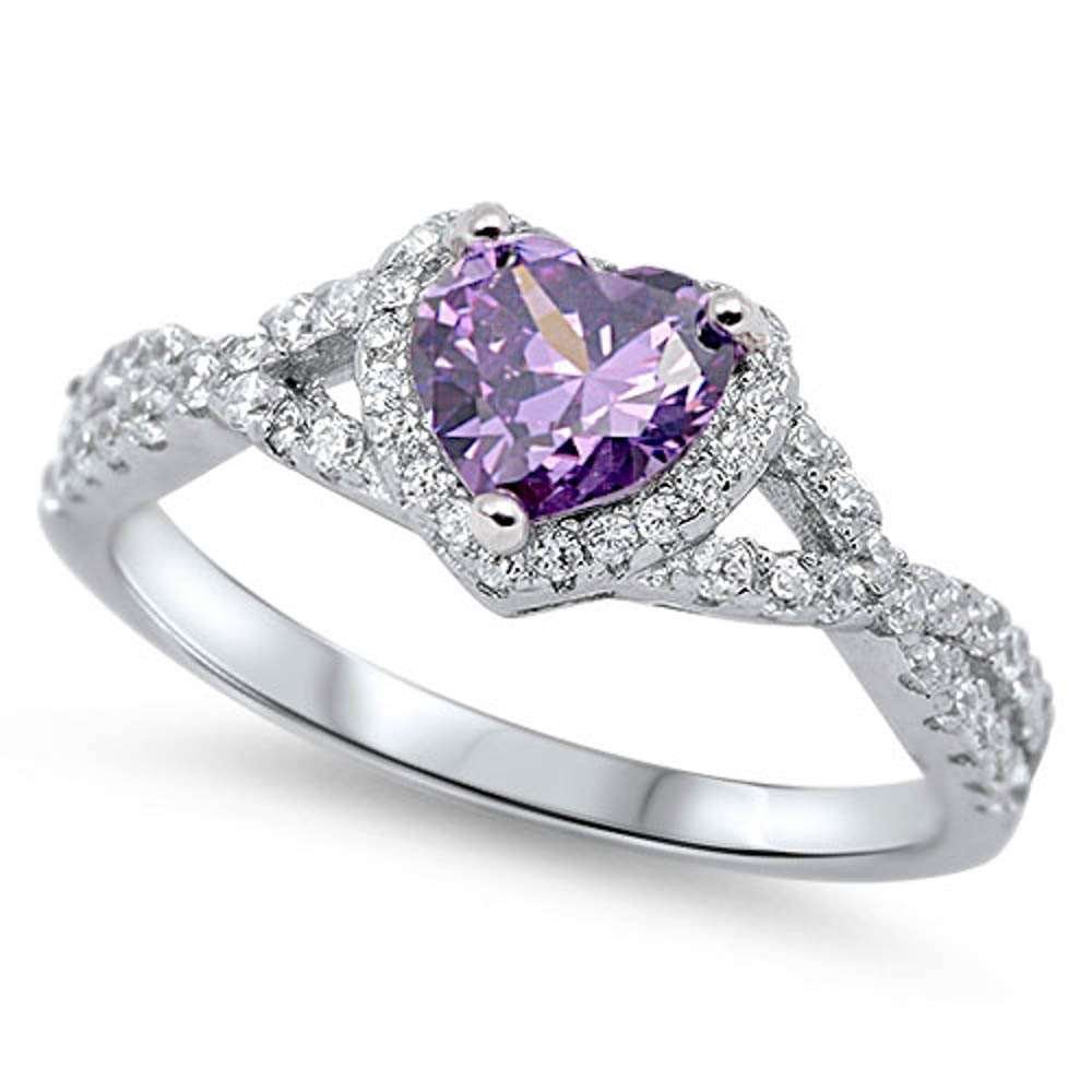 Sterling Silver Heart Halo Simulated Gemstone Promise Ring (6, Purple (Simulated Amethyst)
