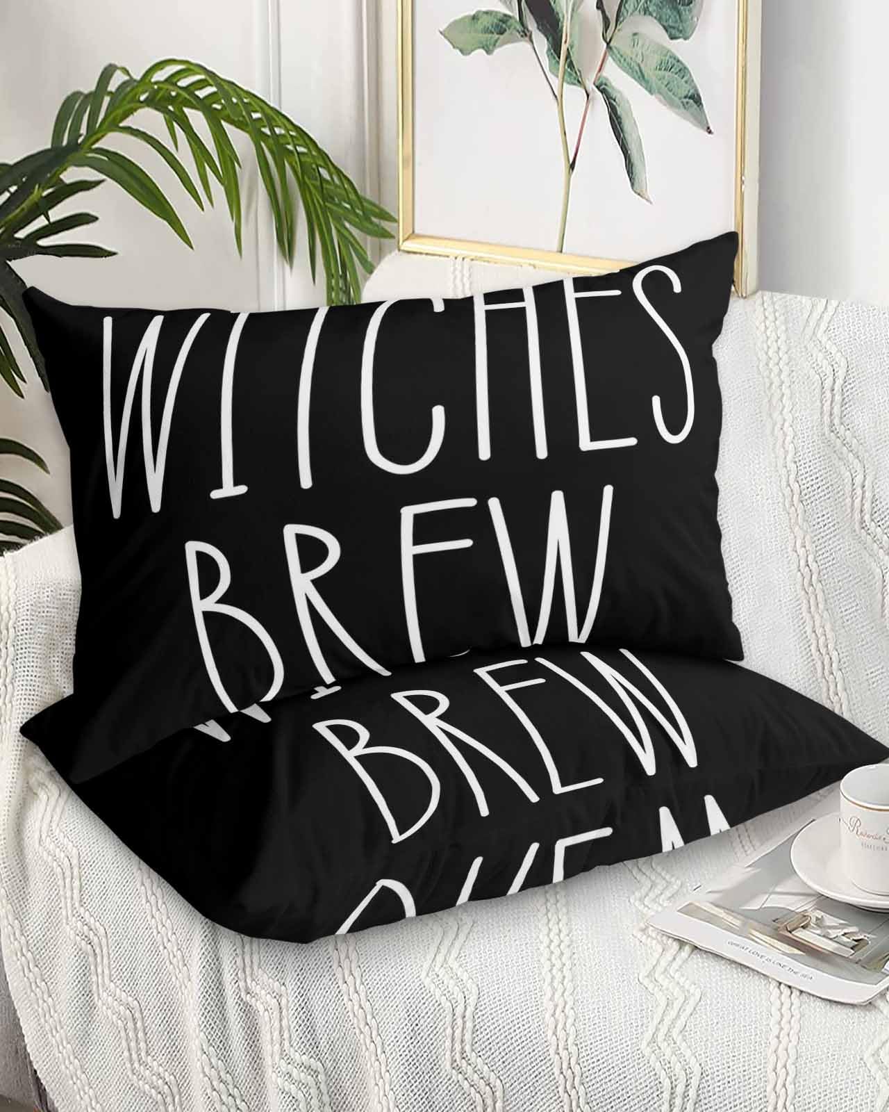 Edwiinsa Halloween Pillow Covers King Standard Set of 2 Bed Pillow, White Words Witches Brew Horror Black Plush Soft Comfort for Hair/Skin Cooling Pillowcases with Envelop Closure 20''x36''