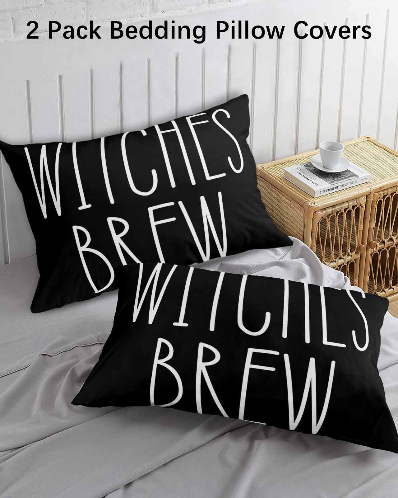 Edwiinsa Halloween Pillow Covers King Standard Set of 2 Bed Pillow, White Words Witches Brew Horror Black Plush Soft Comfort for Hair/Skin Cooling Pillowcases with Envelop Closure 20''x36''