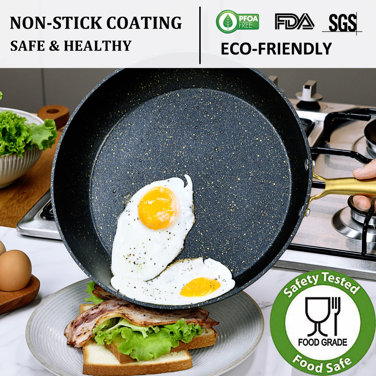 diig Non Stick Frying Pans Set, 9.5 & 11 Inch Granite Coating Fry Pan Skillet Sets for Cooking, 2 PCS Stainless Steel Handle Chef’s Pan, Stove Top Induction, Oven Dishwasher Safe 24cm, 28cm, Black