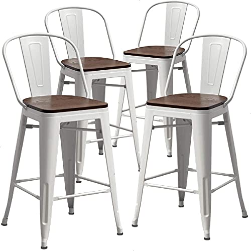 Aklaus Metal Bar Stools Set of 4, 24 inch Counter Height Bar Stools with Backs, Farmhouse Style, Larger Seat, High Back Kitchen Dining Chairs, Cream White Stool