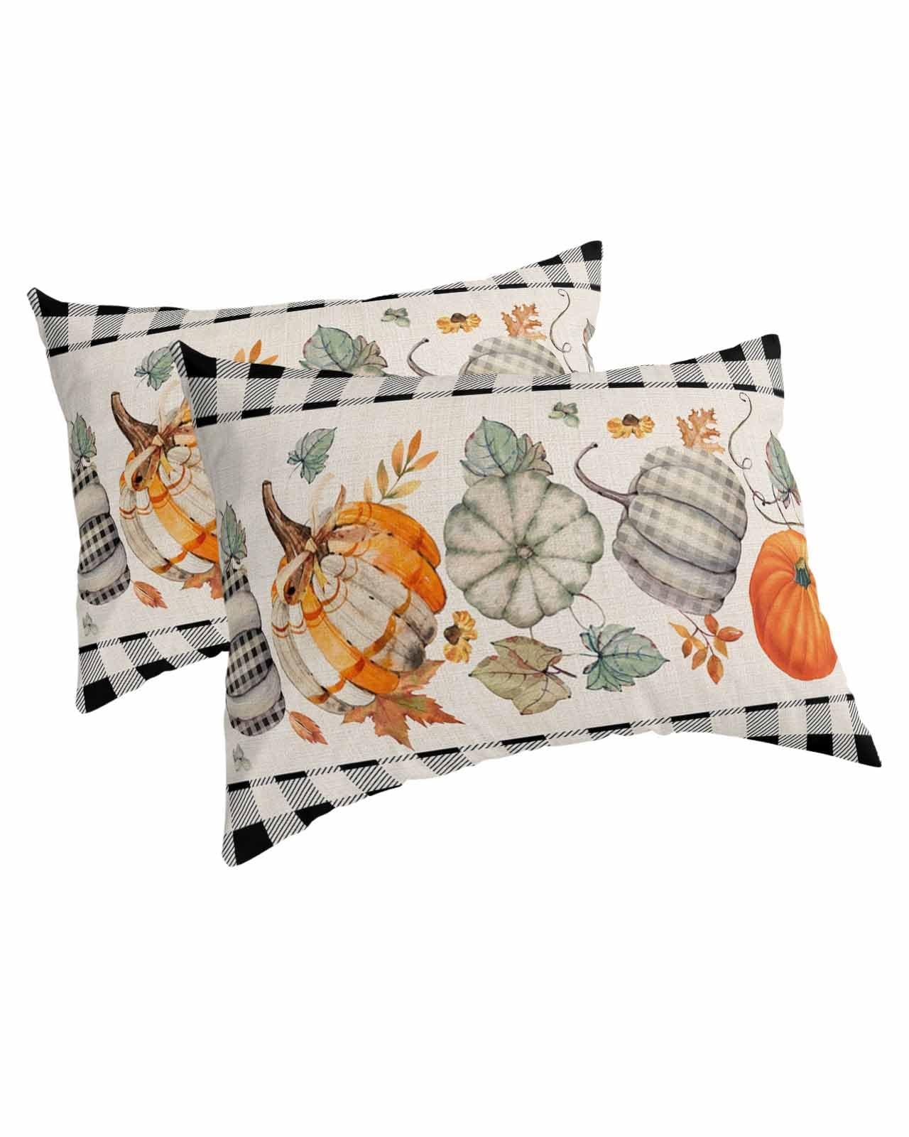 Thanksgiving Pillow Covers Standard Size Set of 2 Bed Pillow, Black White Plaid Pumpkin Fallen Leaves Farmhouse Plush Soft Comfort for Hair/ Skin Cooling Pillowcases with Envelop Closure 20''x26''