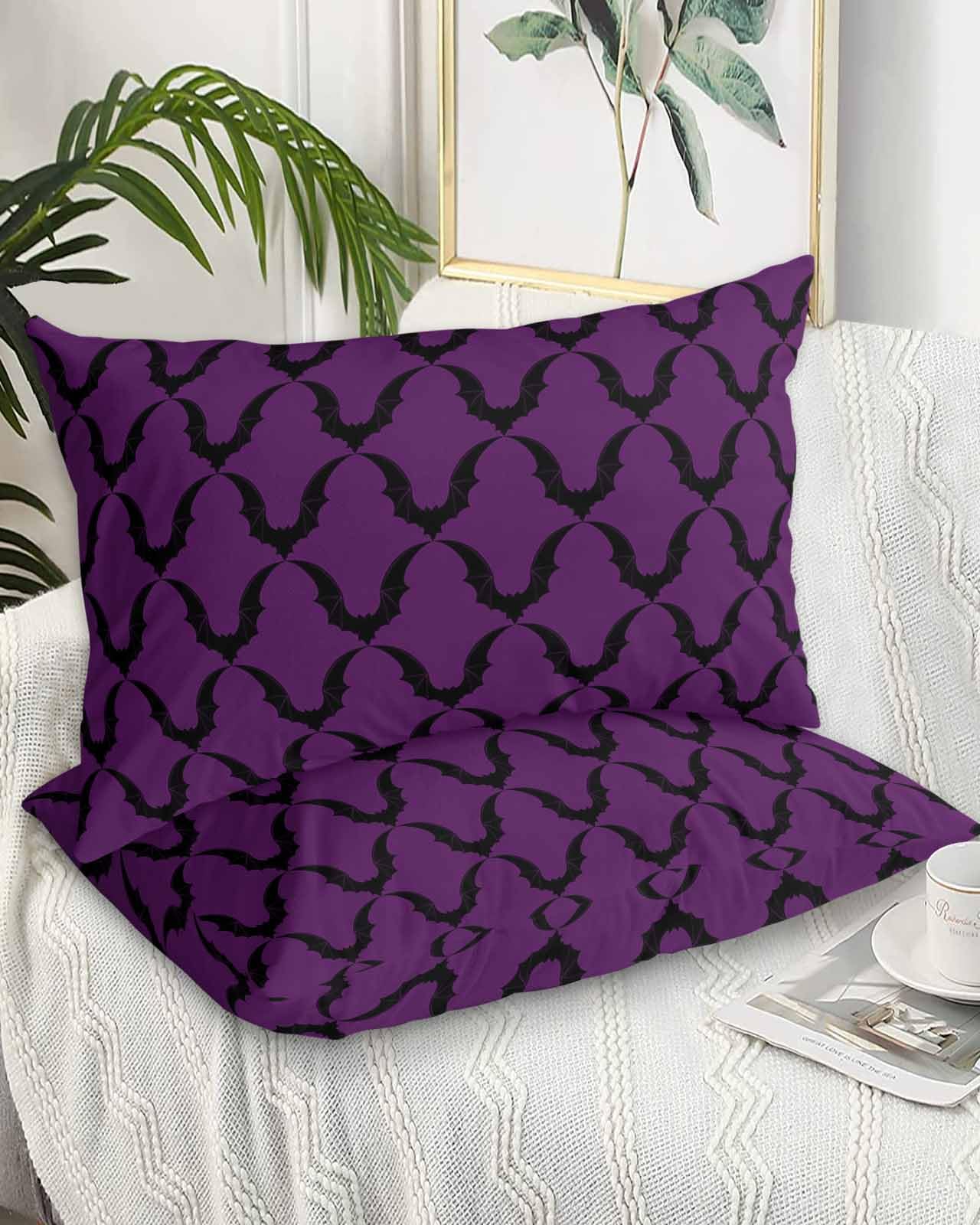 Edwiinsa Halloween Pillow Covers Standard Size Set of 2 Bed Pillow, Horror Black Bat Purple Abstract Art Plush Soft Comfort for Hair/Skin Cooling Pillowcases with Envelop Closure 20''x26''