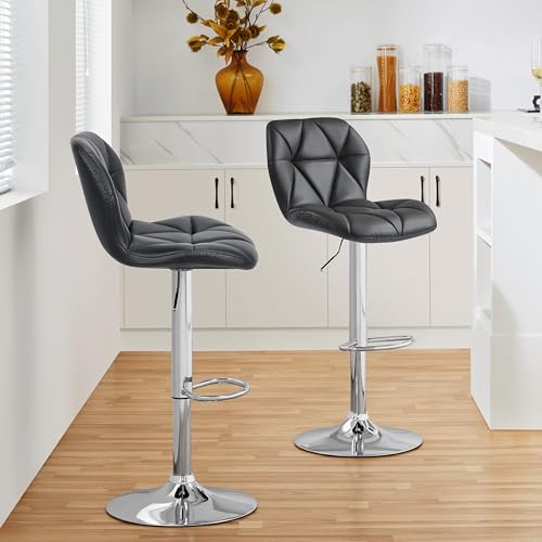 Yaheetech Grey Barstools Set of 2, PU Leather Bar Chairs with Backrest, Height Adjustable Swivel Island Stools for Kitchen Counter, Grey