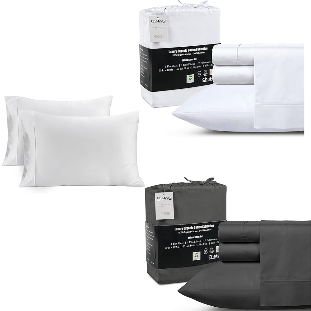 100% Organic Cotton Twin Sheet Set & Standard Pillowcases Set of 2 Combo- 300 Thread Count Long Staple Cotton Sheets,3 Pc Twin Size Sheets & Standard Pillowcases, Sateen Sheets, Breathable - White