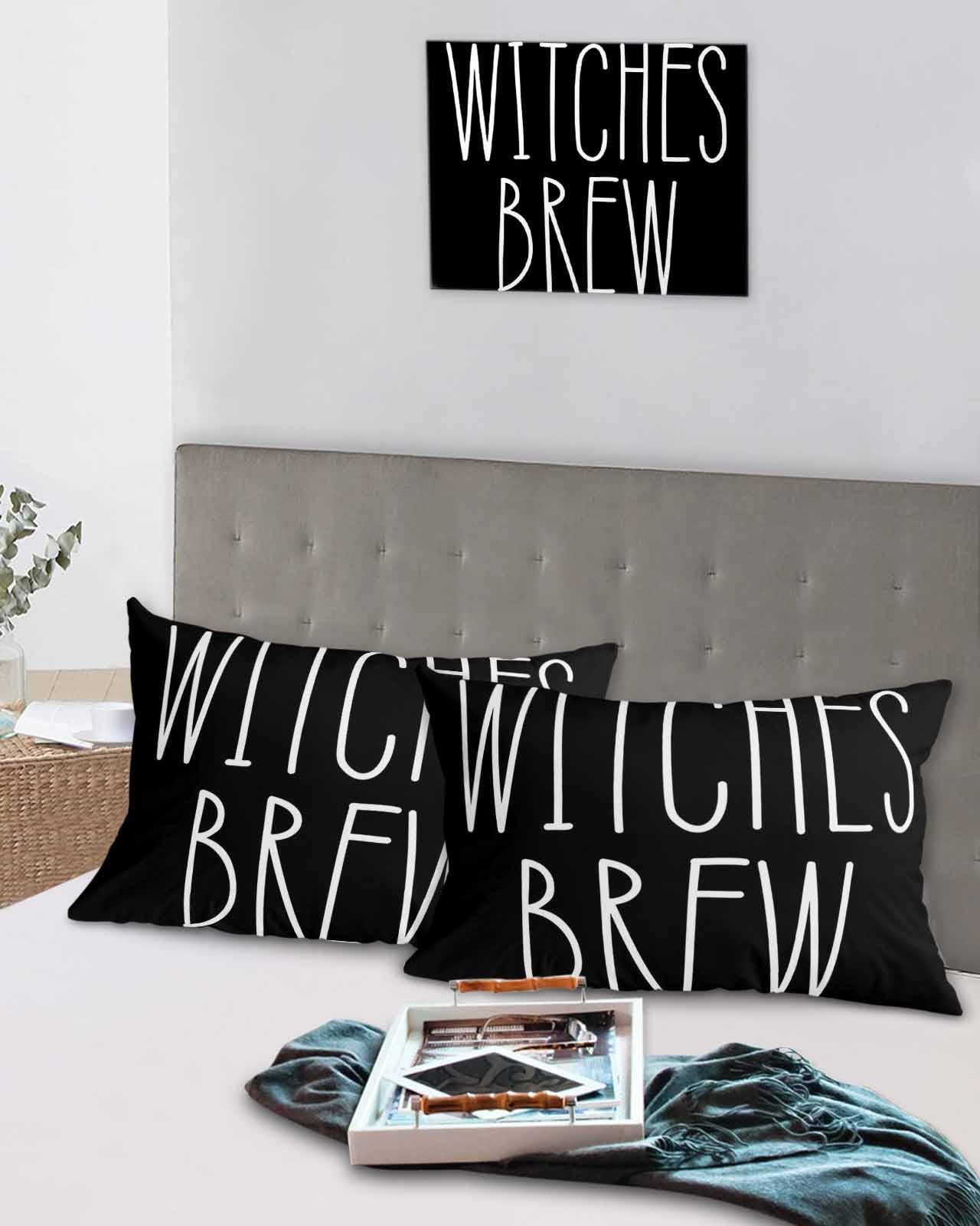 Edwiinsa Halloween Pillow Covers King Standard Set of 2 Bed Pillow, White Words Witches Brew Horror Black Plush Soft Comfort for Hair/Skin Cooling Pillowcases with Envelop Closure 20''x36''