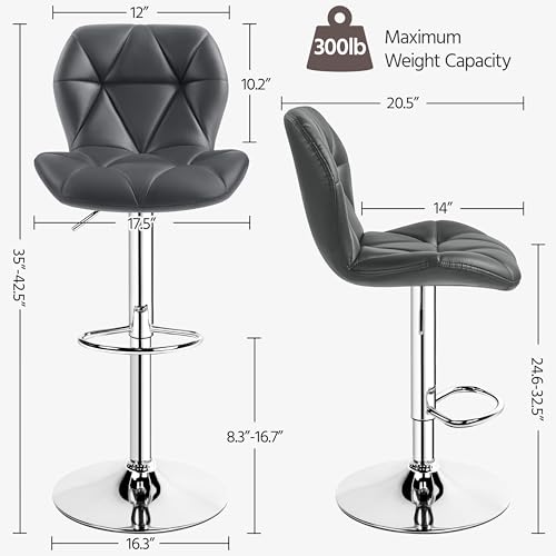 Yaheetech Grey Barstools Set of 2, PU Leather Bar Chairs with Backrest, Height Adjustable Swivel Island Stools for Kitchen Counter, Grey