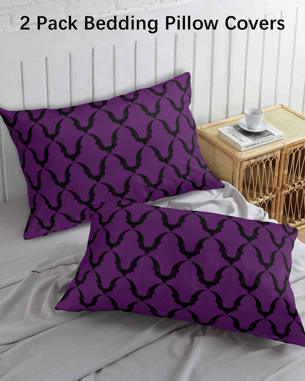 Edwiinsa Halloween Pillow Covers Standard Size Set of 2 Bed Pillow, Horror Black Bat Purple Abstract Art Plush Soft Comfort for Hair/Skin Cooling Pillowcases with Envelop Closure 20''x26''