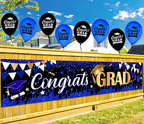 2023 Graduation Banner Decoration Set, Large Congrats Grad Banner with 8 Pieces Balloons Blue and Gold Class of 2023 Yard Sign for High School College Graduation Party Outdoor Hanging Decorations(blue)