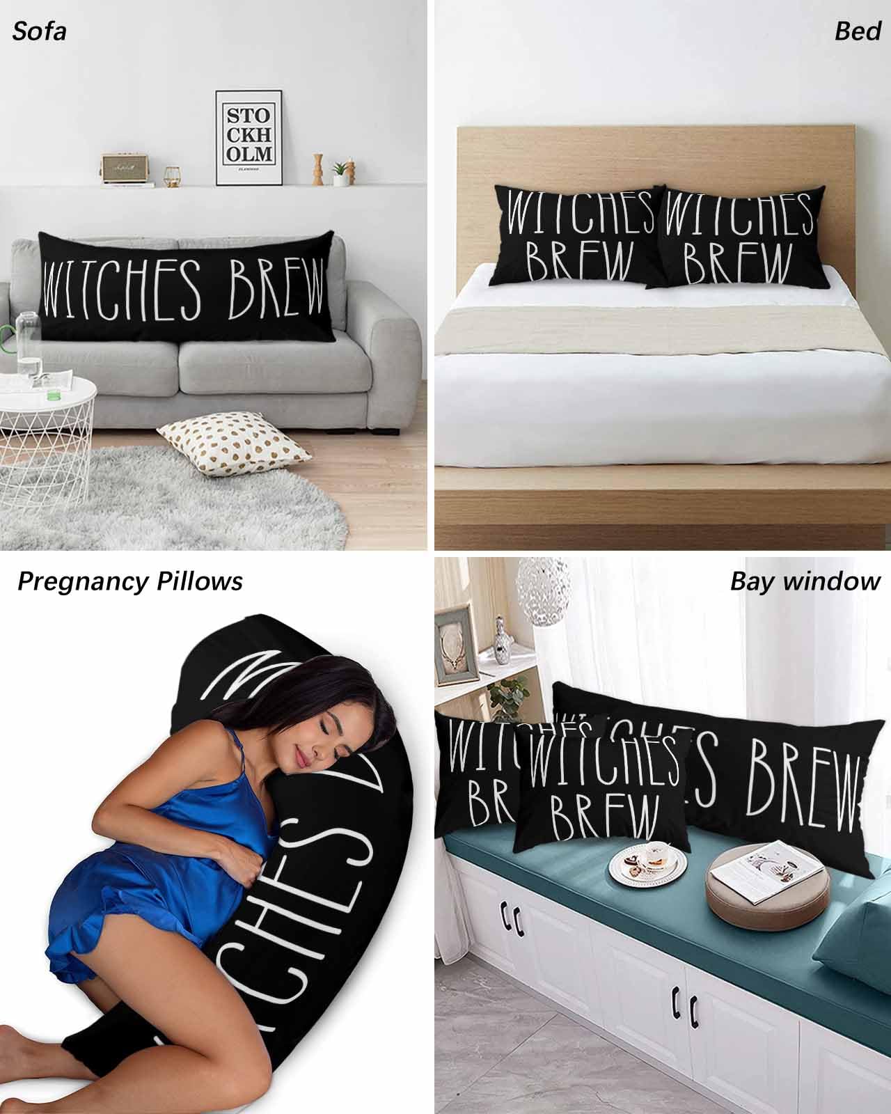 Edwiinsa Halloween Pillow Covers King Standard Set of 2 Bed Pillow, White Words Witches Brew Horror Black Plush Soft Comfort for Hair/Skin Cooling Pillowcases with Envelop Closure 20''x36''