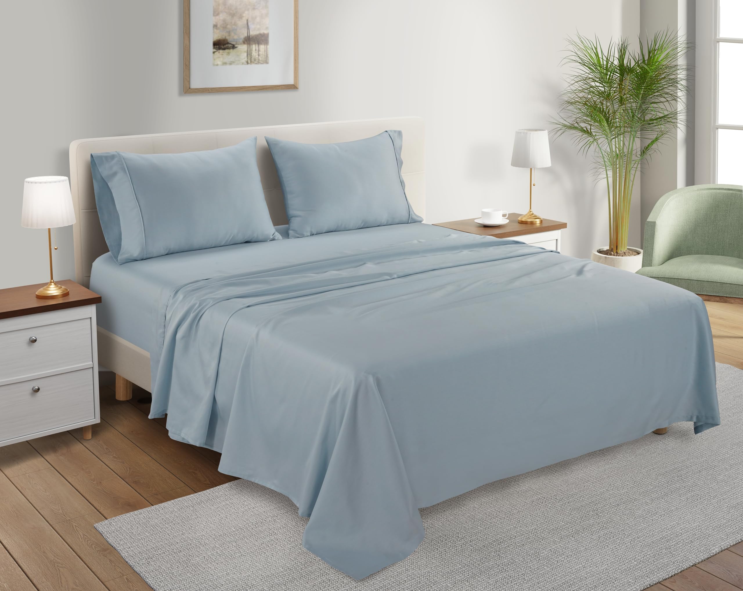 100% Organic Cotton Twin Sheet Set & Standard Pillowcases Set of 2 Combo- 300 Thread Count Long Staple Cotton Sheets,3 Pc Twin Size Sheets & Standard Pillowcases, Sateen Sheets, Breathable - Light Blu