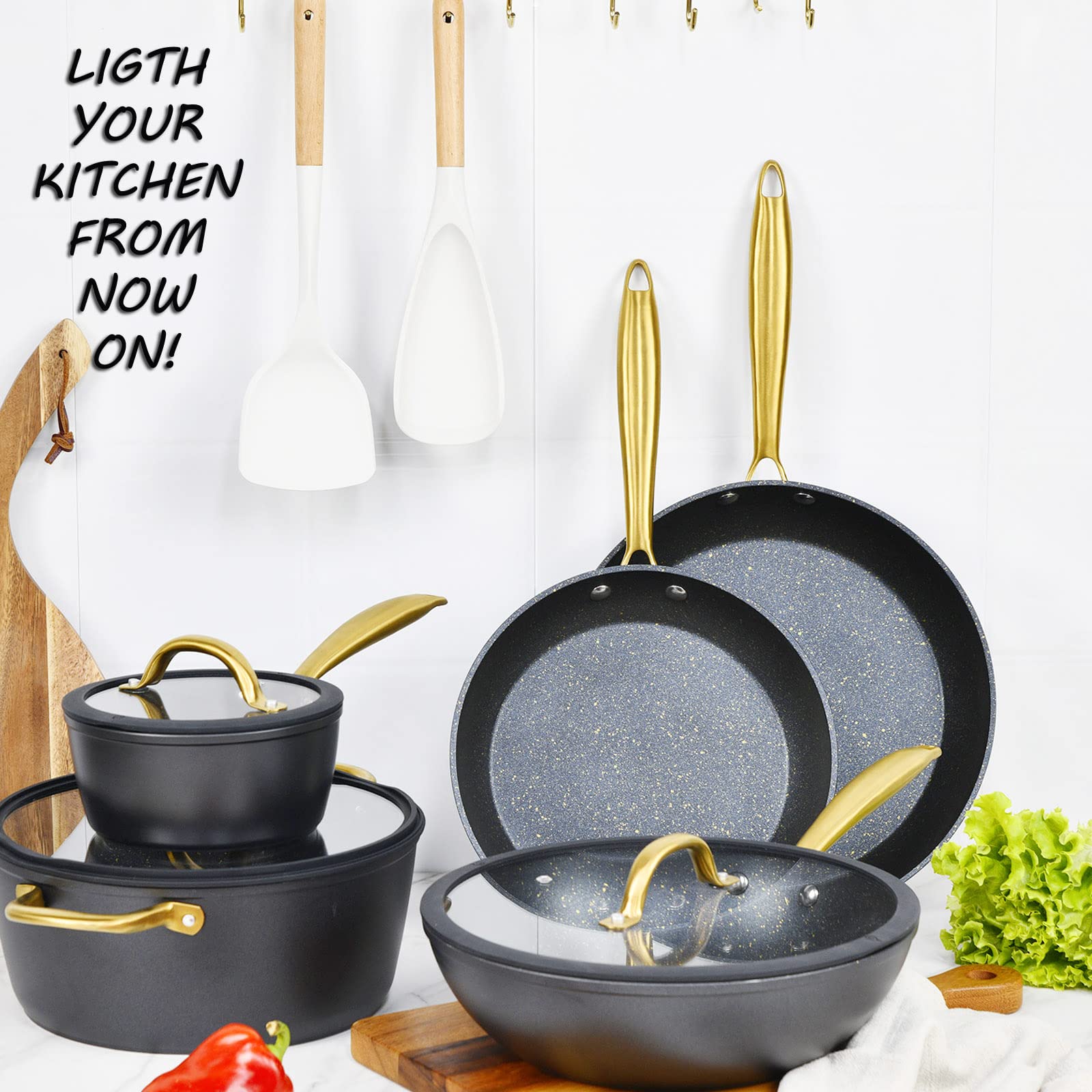 diig Non Stick Frying Pans Set, 9.5 & 11 Inch Granite Coating Fry Pan Skillet Sets for Cooking, 2 PCS Stainless Steel Handle Chef’s Pan, Stove Top Induction, Oven Dishwasher Safe 24cm, 28cm, Black