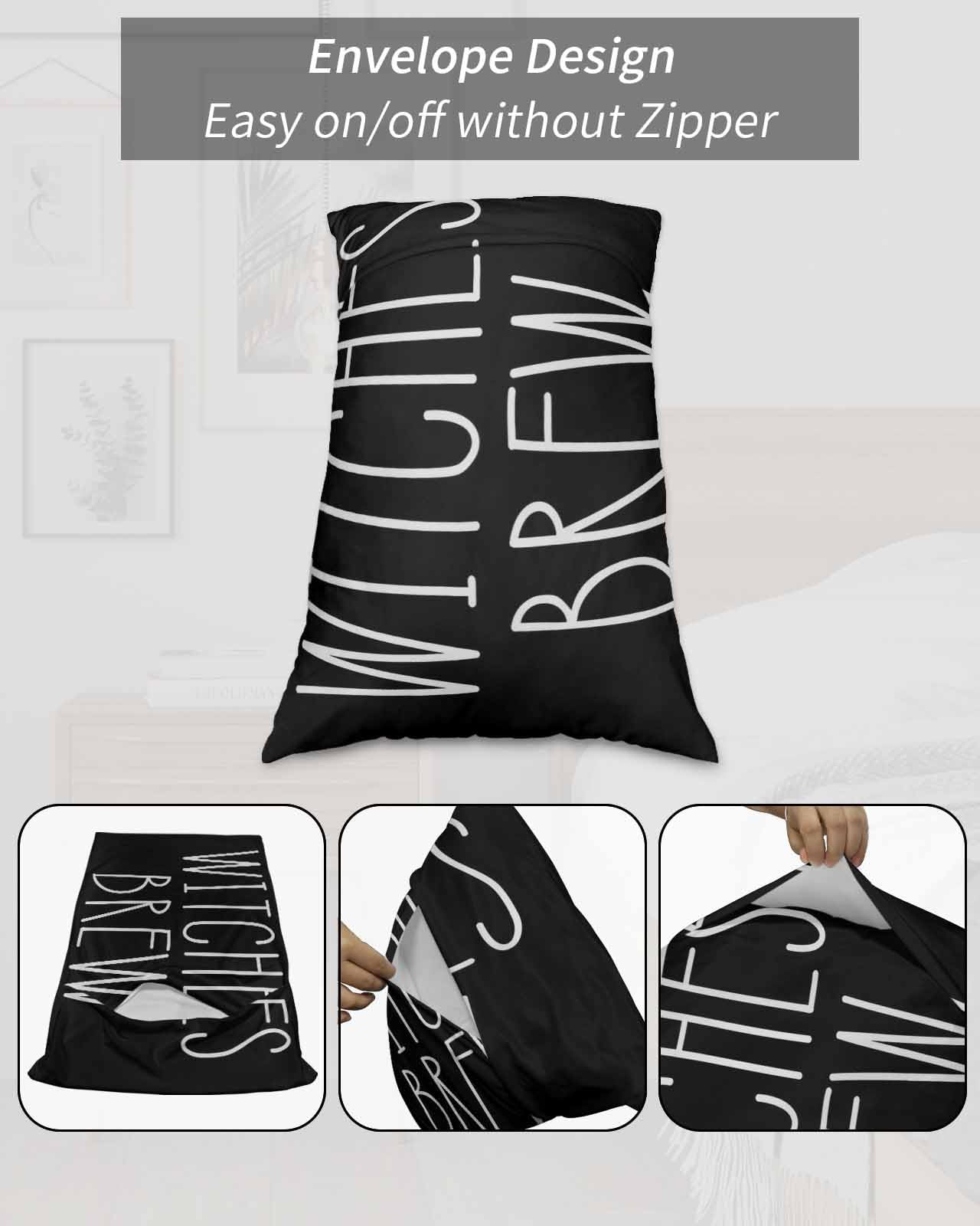 Edwiinsa Halloween Pillow Covers King Standard Set of 2 Bed Pillow, White Words Witches Brew Horror Black Plush Soft Comfort for Hair/Skin Cooling Pillowcases with Envelop Closure 20''x36''