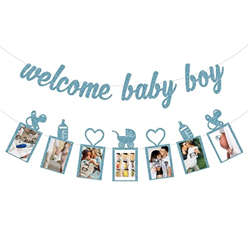 Baby Shower Decorations for Boy - Welcome Baby Boy Banner and Baby Shower Photo Banner
