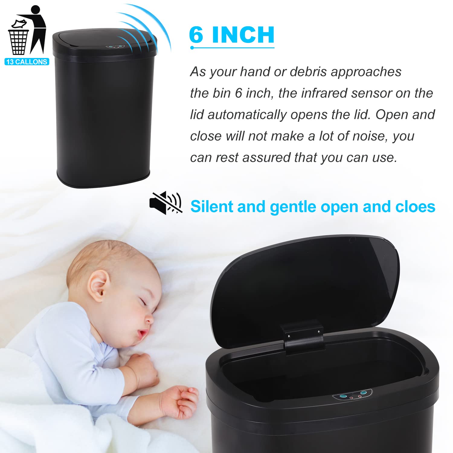 13 Gallon Touch Free Automatic Stainless Steel Trash Can Garbage Can Metal Trash Bin with Lid for Kitchen Living Room Office Bathroom, Electronic Motion Sensor Automatic Trash Can - Black