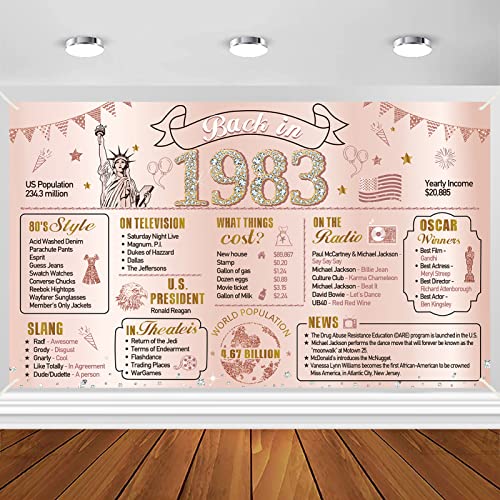 Large 40th Birthday Banner Backdrop Decoration for Women, Rose Gold Back in 1983 Happy 40th Birthday Background Sign Party Supplies, Pink Happy 40 Years Old Birthday Photo Props for Indoor Outdoor
