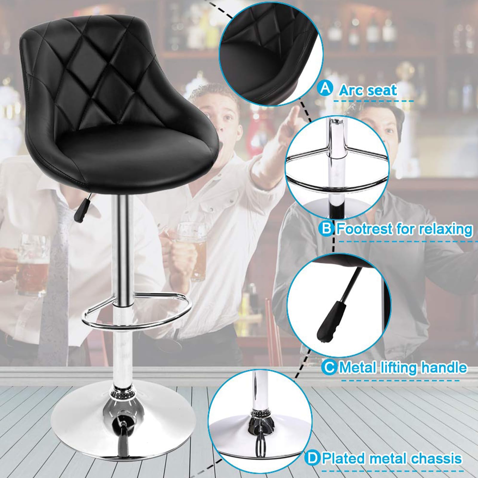 Dkeli Counter Height Bar Stools Set of 2 Leather Adjustable Bar Chairs for Kitchen Living Room Pub Swivel Bar Stool Armrest(Black)