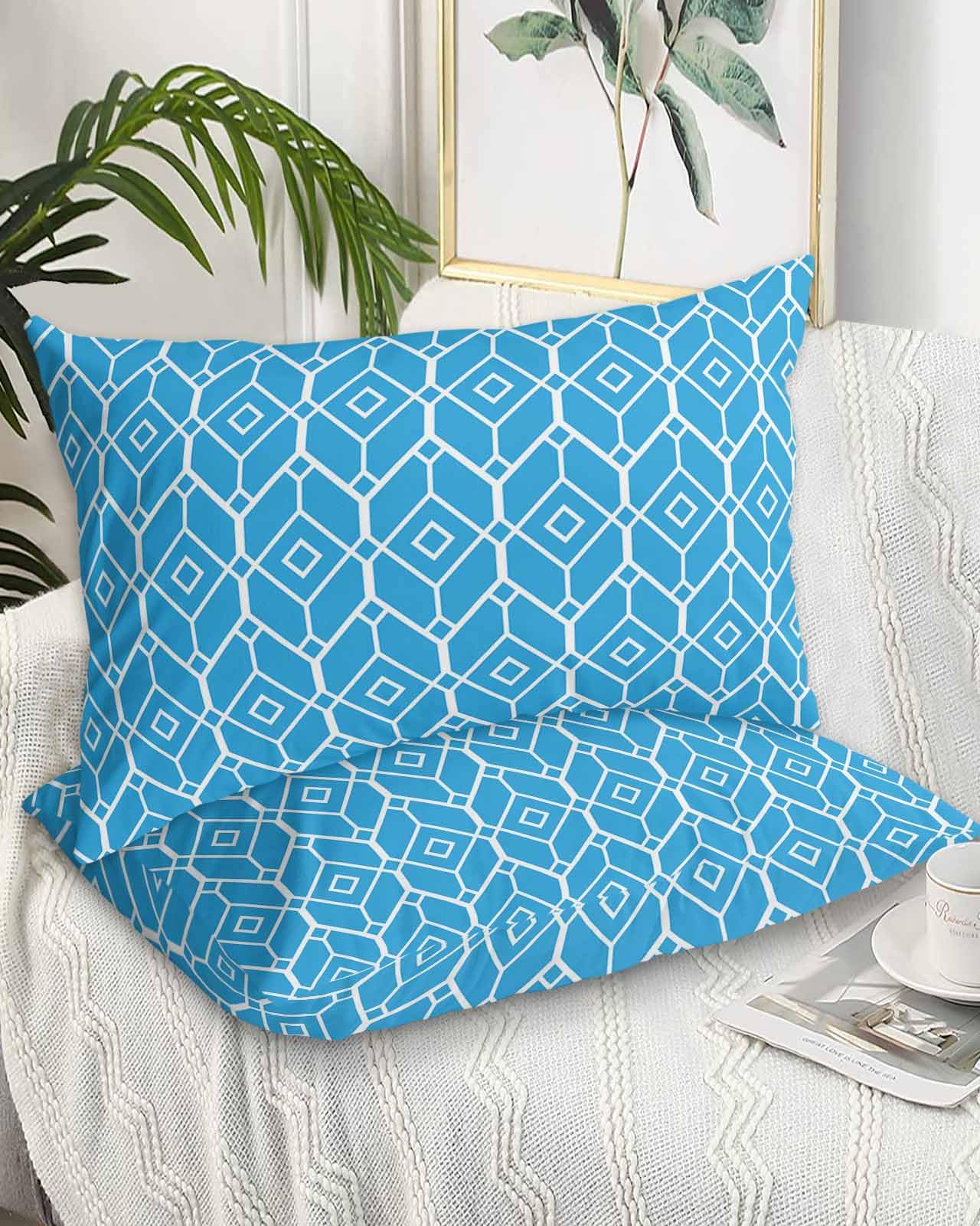 Edwiinsa Blue Pillow Covers King Standard Set of 2 Bed Pillow, White Modern Geometric Abstract Art Aesthetics Plush Soft Comfort for Hair/Skin Cooling Pillowcases with Envelop Closure 20''x36''
