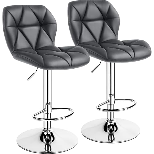 Yaheetech Grey Barstools Set of 2, PU Leather Bar Chairs with Backrest, Height Adjustable Swivel Island Stools for Kitchen Counter, Grey