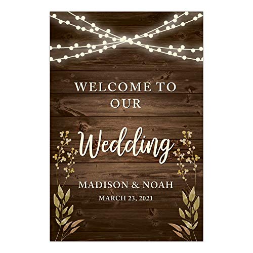 Andaz Press Personalized Extra Large Wedding Easel Board Party Sign, 12x18-inch, Rustic Wood with Hanging Ball Lights and Florals, Welcome to Our Wedding Bride Groom Name Date, 1-Pack, Custom