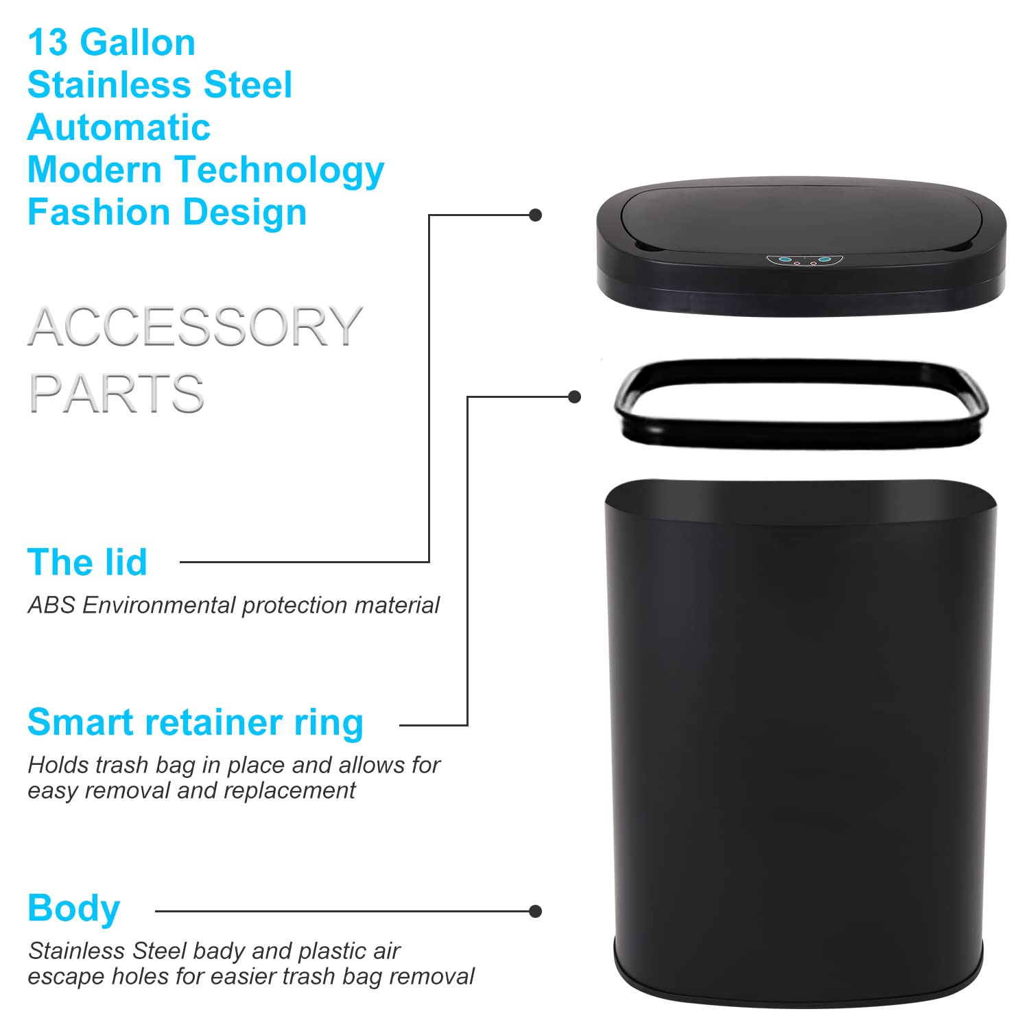 13 Gallon Touch Free Automatic Stainless Steel Trash Can Garbage Can Metal Trash Bin with Lid for Kitchen Living Room Office Bathroom, Electronic Motion Sensor Automatic Trash Can - Black