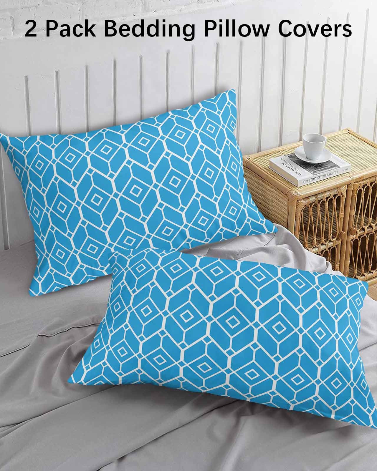 Edwiinsa Blue Pillow Covers King Standard Set of 2 Bed Pillow, White Modern Geometric Abstract Art Aesthetics Plush Soft Comfort for Hair/Skin Cooling Pillowcases with Envelop Closure 20''x36''