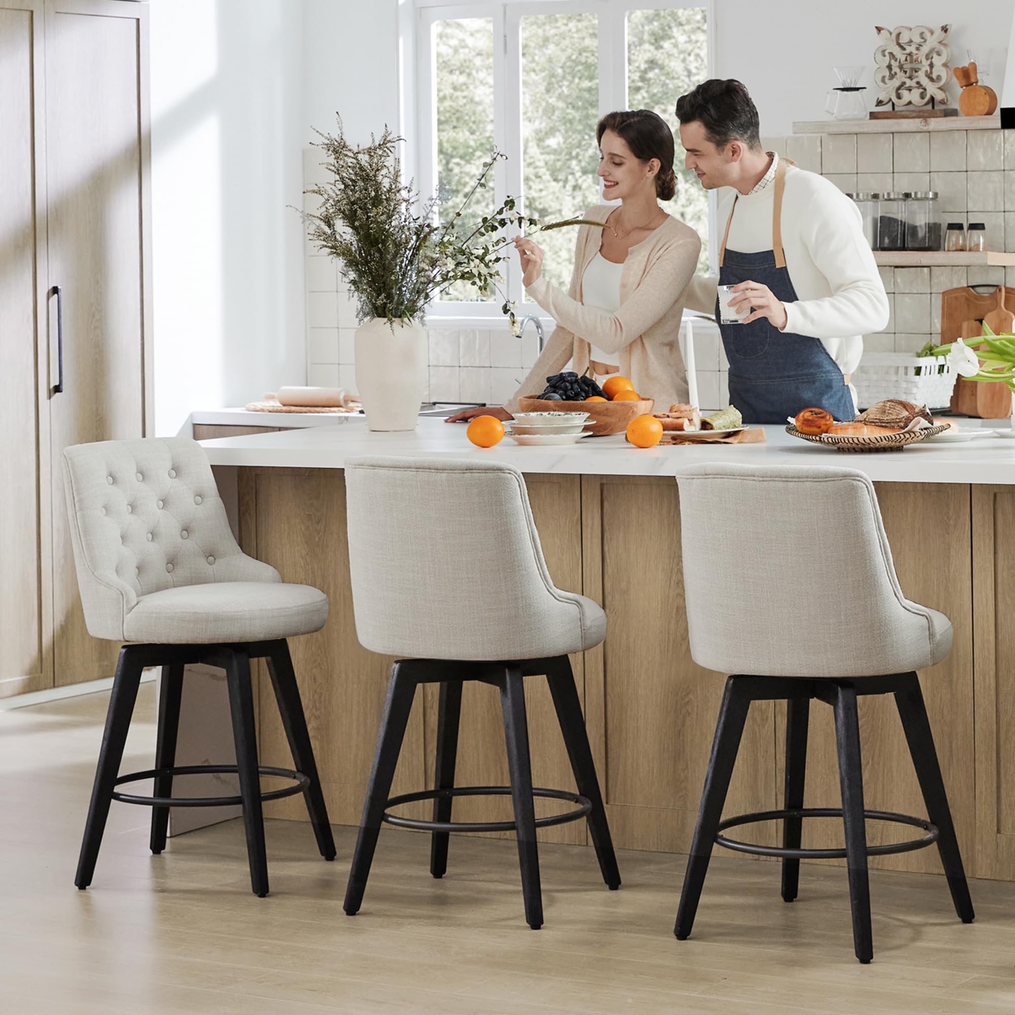 Watson & Whitely Modern Swivel Bar Stools, Performance Fabric Upholstered Counter Height Bar Stool with Back, Solid Wood Legs, 26" H Seat, Set of 2, Flint Grey