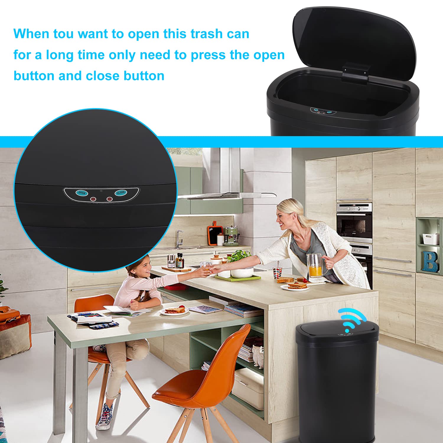13 Gallon Touch Free Automatic Stainless Steel Trash Can Garbage Can Metal Trash Bin with Lid for Kitchen Living Room Office Bathroom, Electronic Motion Sensor Automatic Trash Can - Black