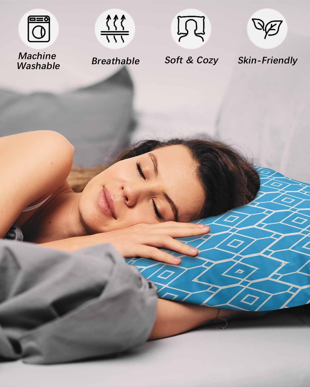 Edwiinsa Blue Pillow Covers King Standard Set of 2 Bed Pillow, White Modern Geometric Abstract Art Aesthetics Plush Soft Comfort for Hair/Skin Cooling Pillowcases with Envelop Closure 20''x36''