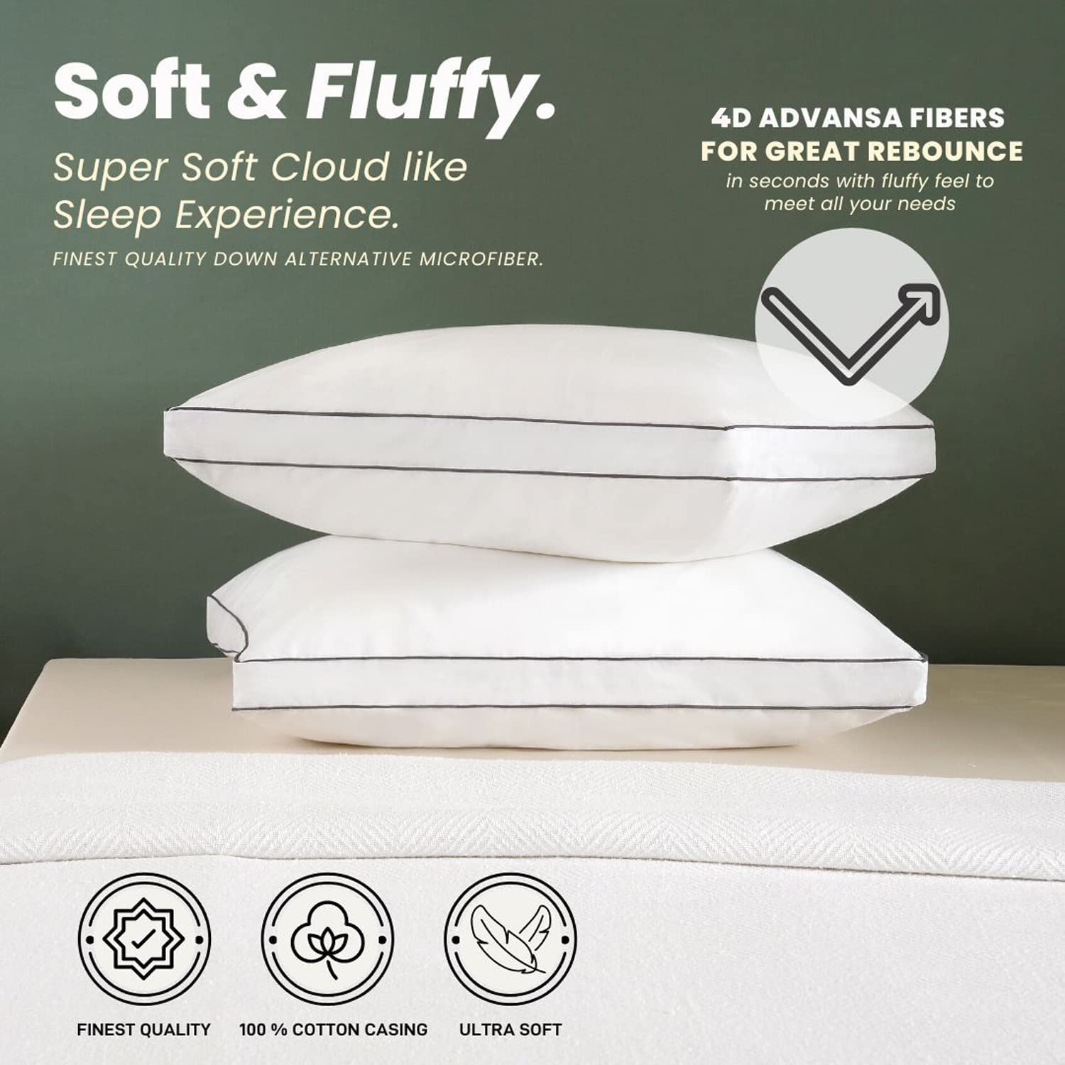 CHATEAU HOME COLLECTION Tencel Eucalyptus Queen Size Sheet Set & Standard Pillows Set of 2 Combo- Ivory Silky Soft Breathable Sheets & White Supportive Soft Pillow Design with Grey Stripes