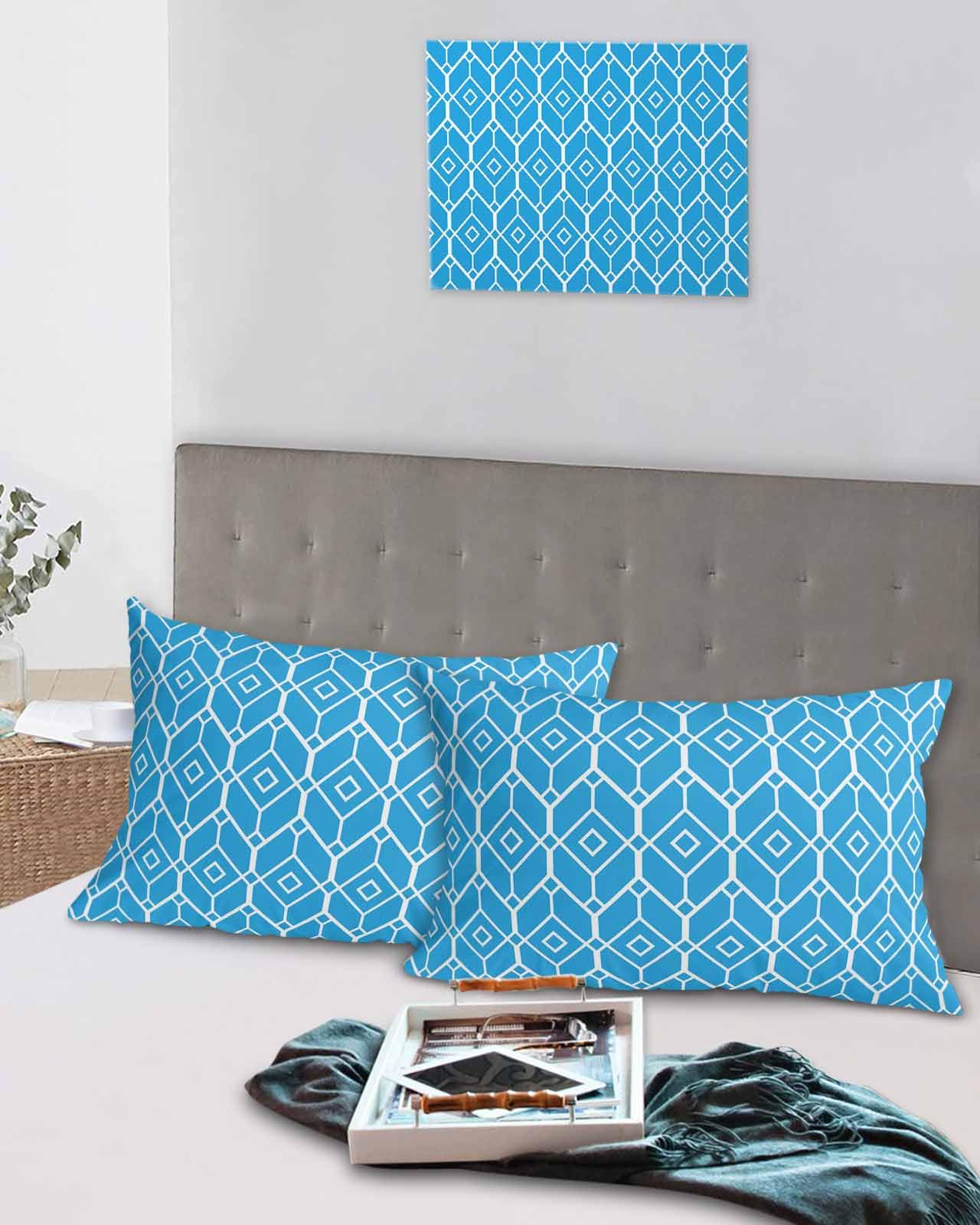 Edwiinsa Blue Pillow Covers King Standard Set of 2 Bed Pillow, White Modern Geometric Abstract Art Aesthetics Plush Soft Comfort for Hair/Skin Cooling Pillowcases with Envelop Closure 20''x36''
