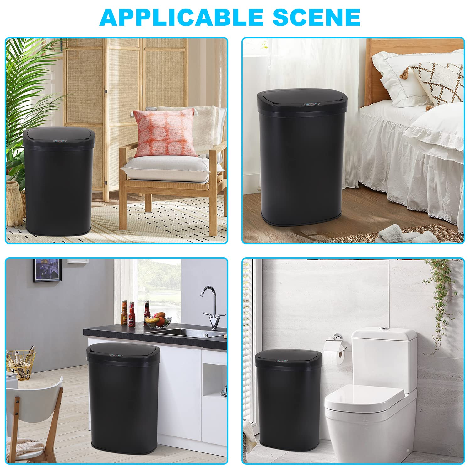 13 Gallon Touch Free Automatic Stainless Steel Trash Can Garbage Can Metal Trash Bin with Lid for Kitchen Living Room Office Bathroom, Electronic Motion Sensor Automatic Trash Can - Black