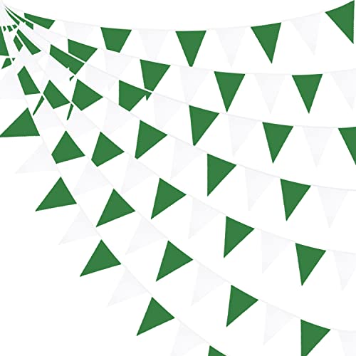 32Ft Green and White Banner Party Decorations Triangle Flag Fabric Banner Cotton Pennant Bunting Garland for Christmas Wedding Birthday Home Nursery Outdoor Garden Hanging Festivals Decoration