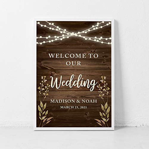 Andaz Press Personalized Extra Large Wedding Easel Board Party Sign, 12x18-inch, Rustic Wood with Hanging Ball Lights and Florals, Welcome to Our Wedding Bride Groom Name Date, 1-Pack, Custom