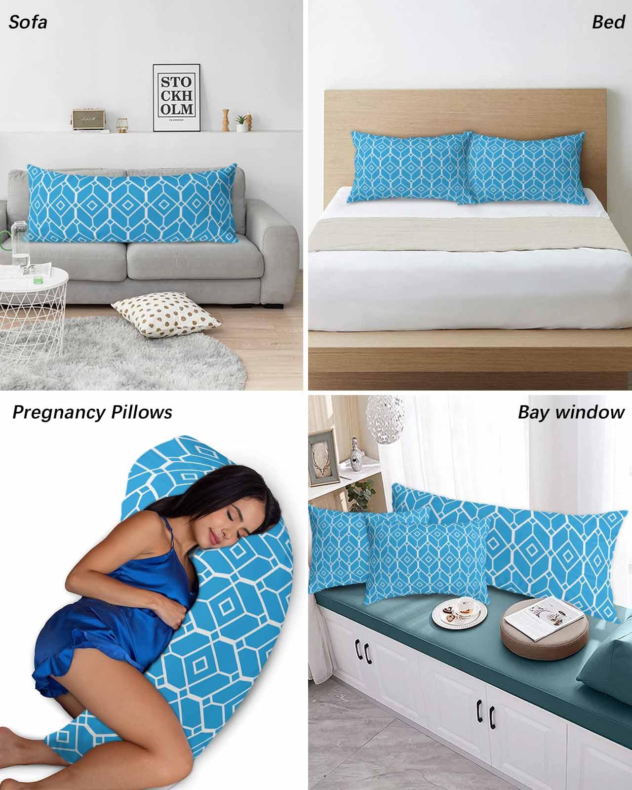 Edwiinsa Blue Pillow Covers King Standard Set of 2 Bed Pillow, White Modern Geometric Abstract Art Aesthetics Plush Soft Comfort for Hair/Skin Cooling Pillowcases with Envelop Closure 20''x36''