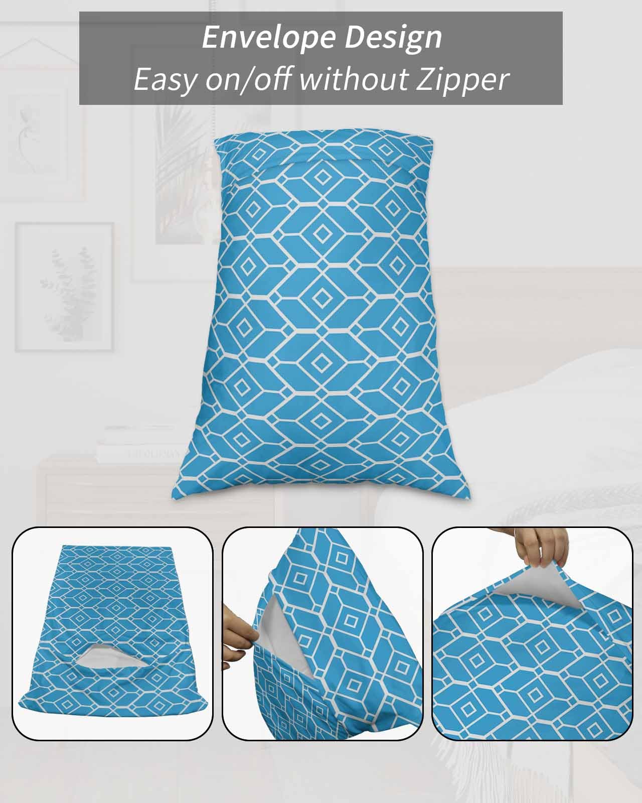 Edwiinsa Blue Pillow Covers King Standard Set of 2 Bed Pillow, White Modern Geometric Abstract Art Aesthetics Plush Soft Comfort for Hair/Skin Cooling Pillowcases with Envelop Closure 20''x36''