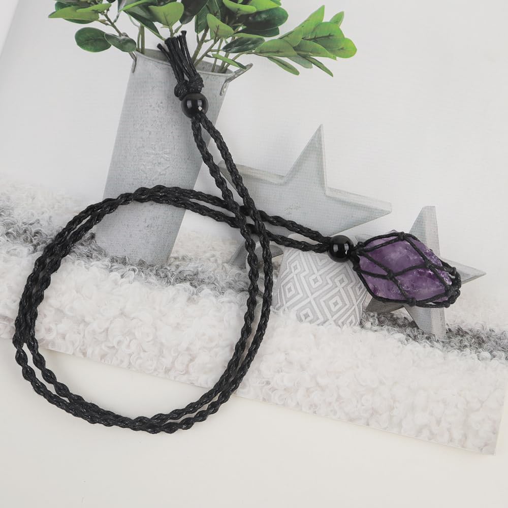 Anjiucc Natural Gemstone Crystal Raw Amethyst Pendant Necklace Stone Holder Necklace Cord Hand-Woven Necklace with Adjustable Length for Women Men