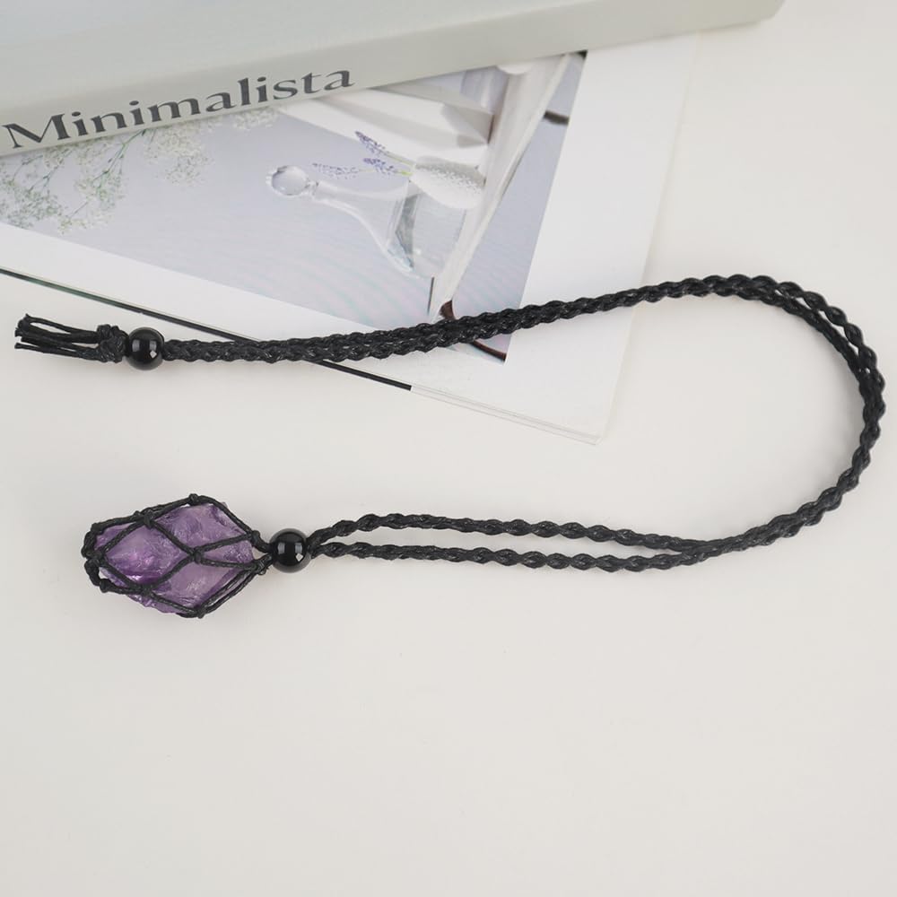 Anjiucc Natural Gemstone Crystal Raw Amethyst Pendant Necklace Stone Holder Necklace Cord Hand-Woven Necklace with Adjustable Length for Women Men