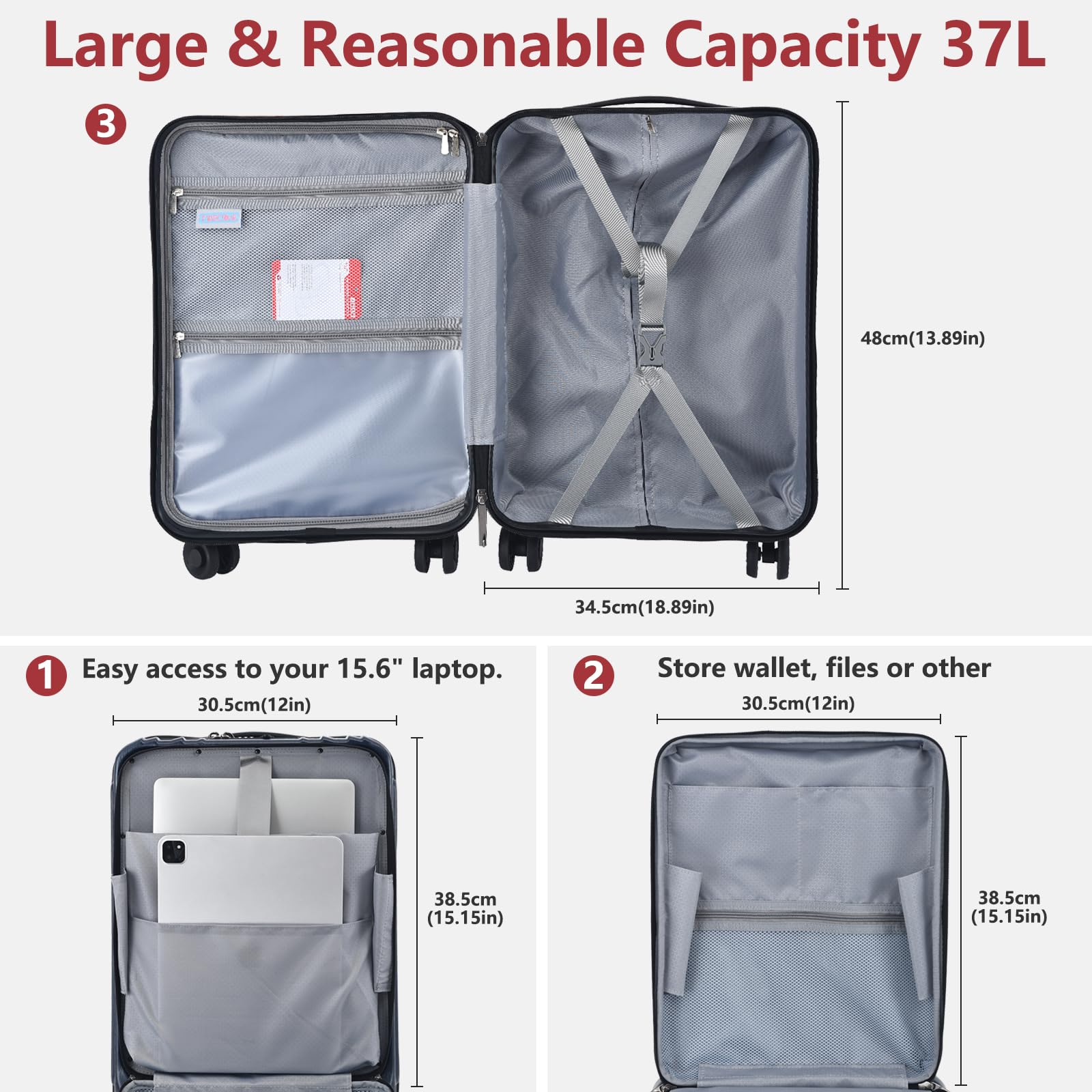 TydeCkare Carry On 55x35x23cm Cabin Luggage 20 Inch with Front Compartment for 15.6" Laptop, Lightweight ABS+PC Hardshell Suitcase with TSA Lock, 4 Spinner Silent Wheels