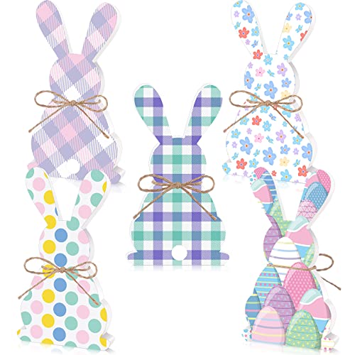 5 Pcs Easter Bunny Table Wooden Signs Buffalo Plaid Spring Bunny Centerpiece Tabletop Rabbit Easter Party Wood Ornament Reversible Dining Room Double Printed Freestanding Table Decor with Rope