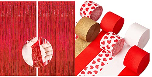 PartyWoo Foil Curtain Red 2 pcs and Crepe Paper Streamers 6 Rolls