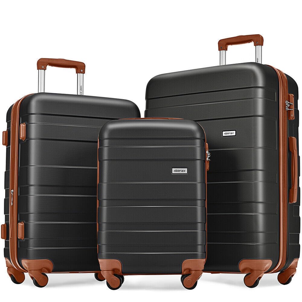 Merax 3 Piece Expandable ABS Hardshell Luggage Sets Spinner Wheel Suitcase TSA Lock Suit Case, Black/Brown, 20/24/28 Inch