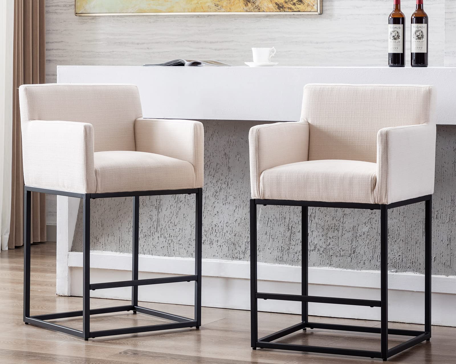 Modern Counter Height Bar Stools Set of 2, Linen Fabric Upholstered Bar Stools with Backs, 26 Inch Kitchen Island Stools with Black Metal Frame, Cream