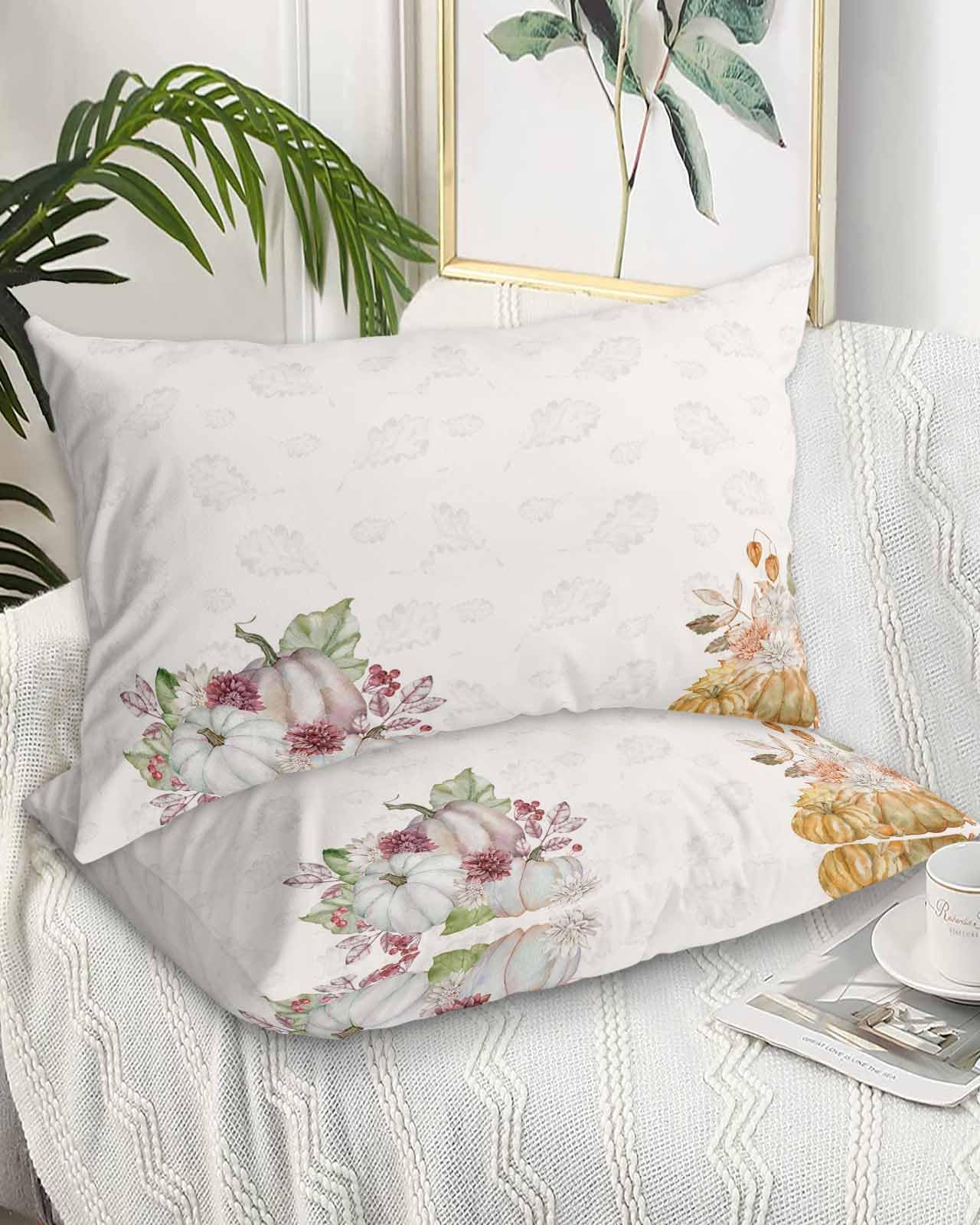 Edwiinsa Fall Pumpkin Pillow Covers King Standard Set of 2 Bed Pillow, Farmhouse Autumn Fallen Leaf Splicing Plush Soft Comfort for Hair/Skin Cooling Pillowcases with Envelop Closure 20''x36''