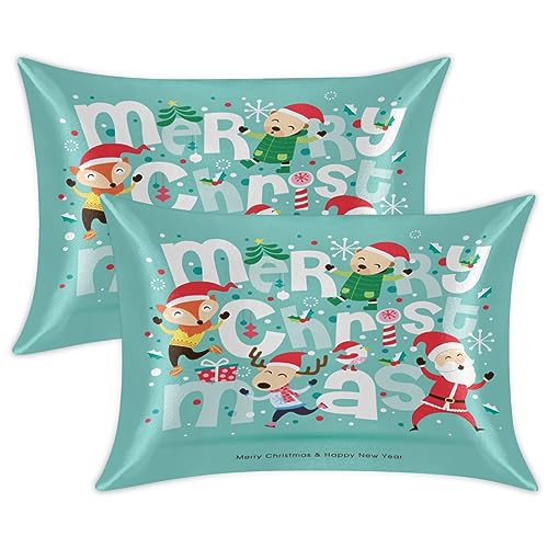 Santa Claus Bear Satin Pillow Cases Silk Satin Pillowcase for Hair and Skin Standard Set of 2 Super Soft Silk Pillowcase with Envelope Closure (20x26 in)