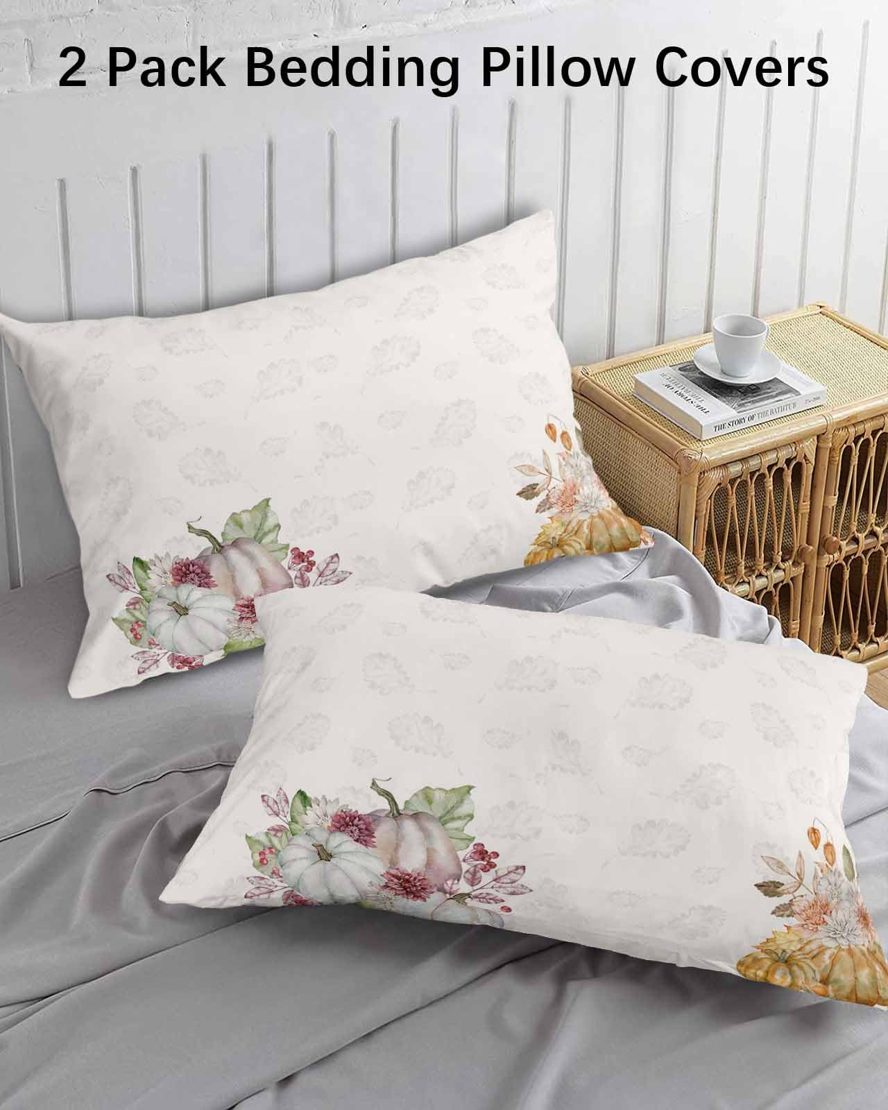 Edwiinsa Fall Pumpkin Pillow Covers King Standard Set of 2 Bed Pillow, Farmhouse Autumn Fallen Leaf Splicing Plush Soft Comfort for Hair/Skin Cooling Pillowcases with Envelop Closure 20''x36''