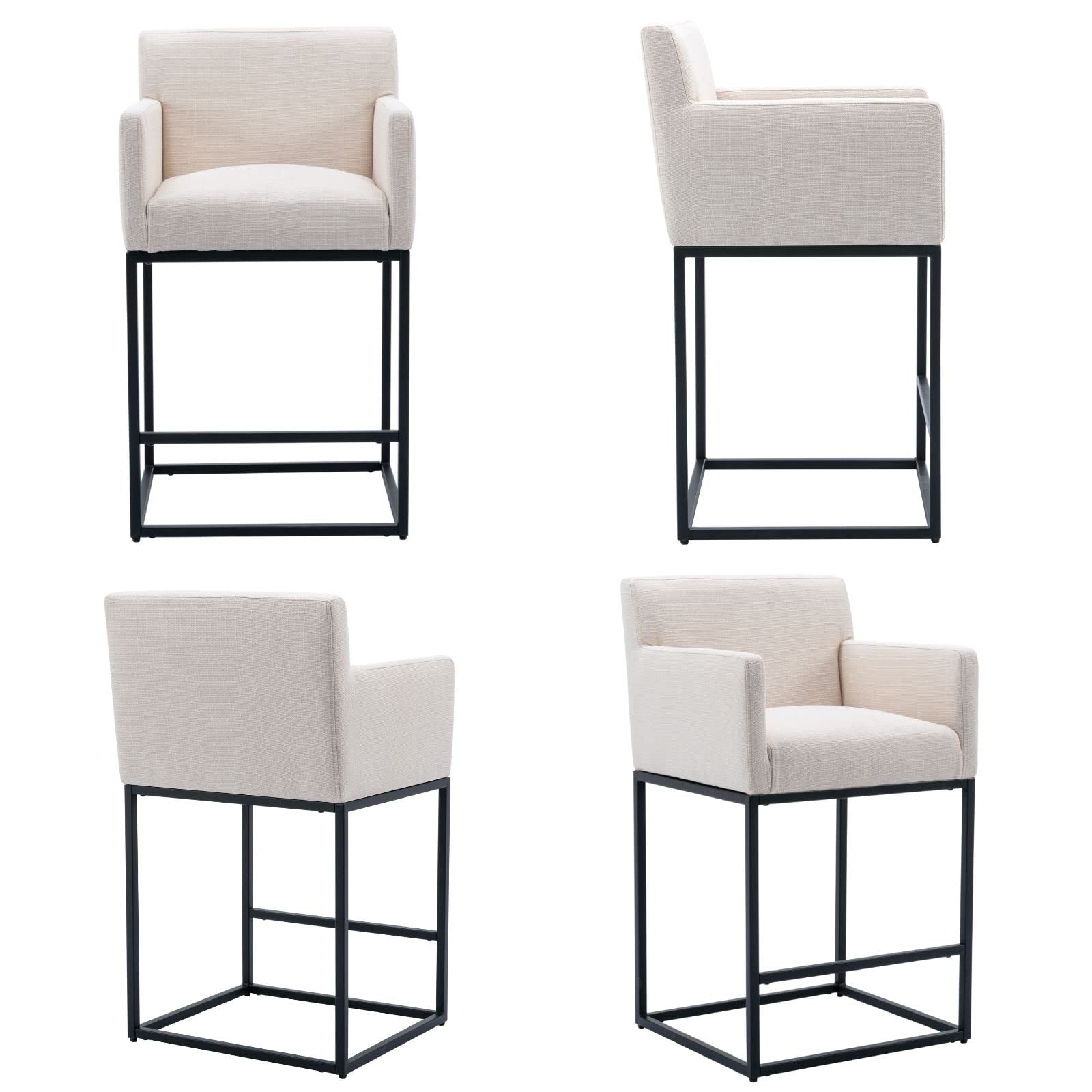 Modern Counter Height Bar Stools Set of 2, Linen Fabric Upholstered Bar Stools with Backs, 26 Inch Kitchen Island Stools with Black Metal Frame, Cream