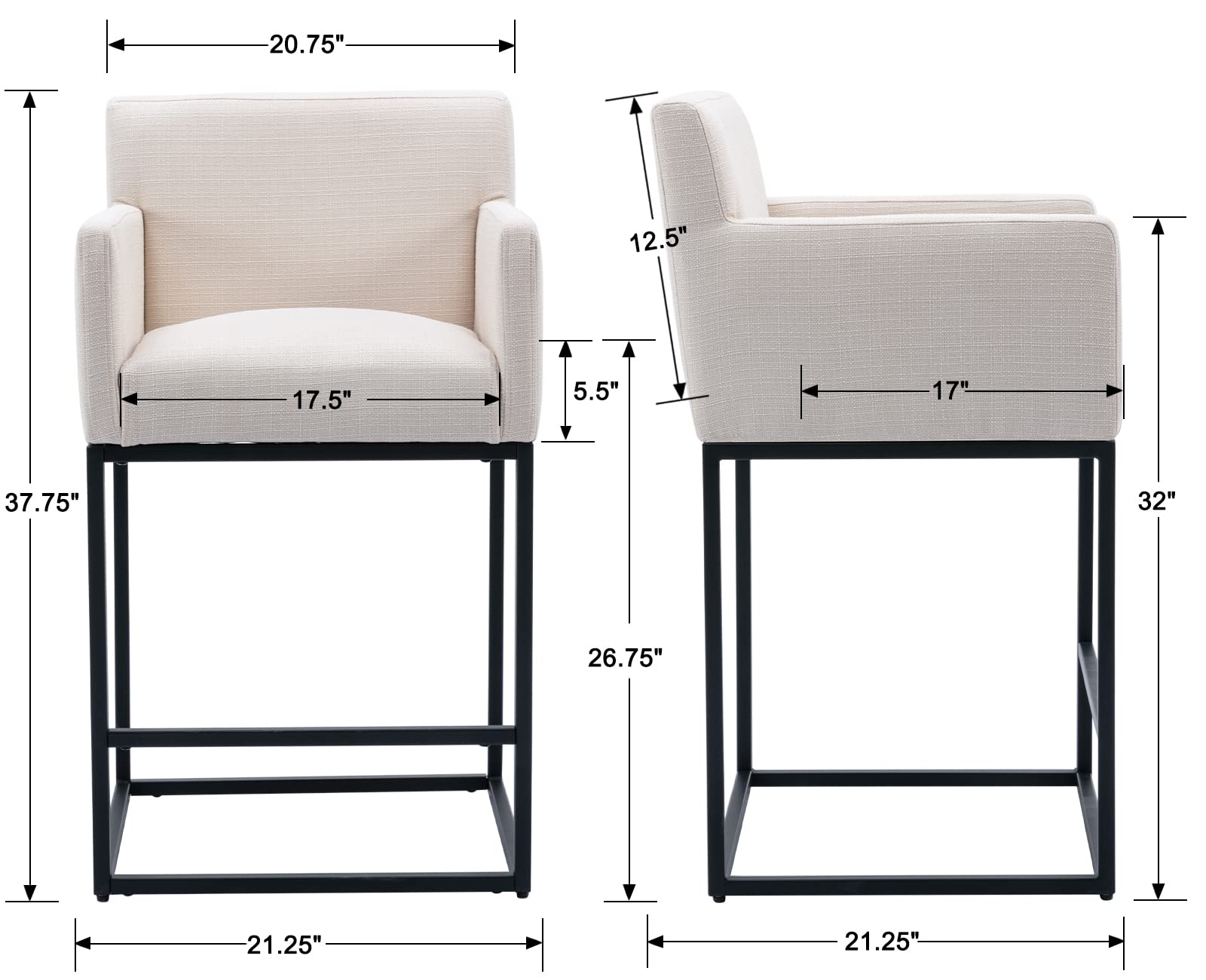 Modern Counter Height Bar Stools Set of 2, Linen Fabric Upholstered Bar Stools with Backs, 26 Inch Kitchen Island Stools with Black Metal Frame, Cream
